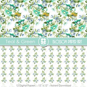 Floral Digital Paper, Aqua Teal Digital Paper Pack, Floral Digital ...