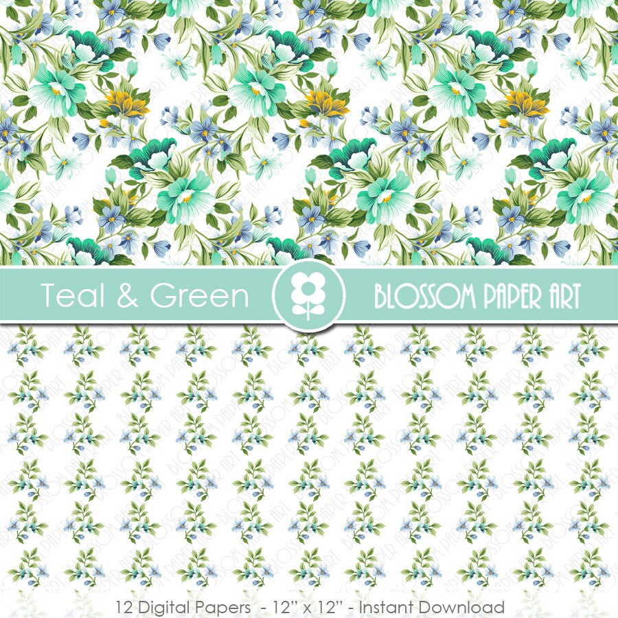 Floral Digital Paper Aqua Teal Digital Paper Pack Floral - Etsy