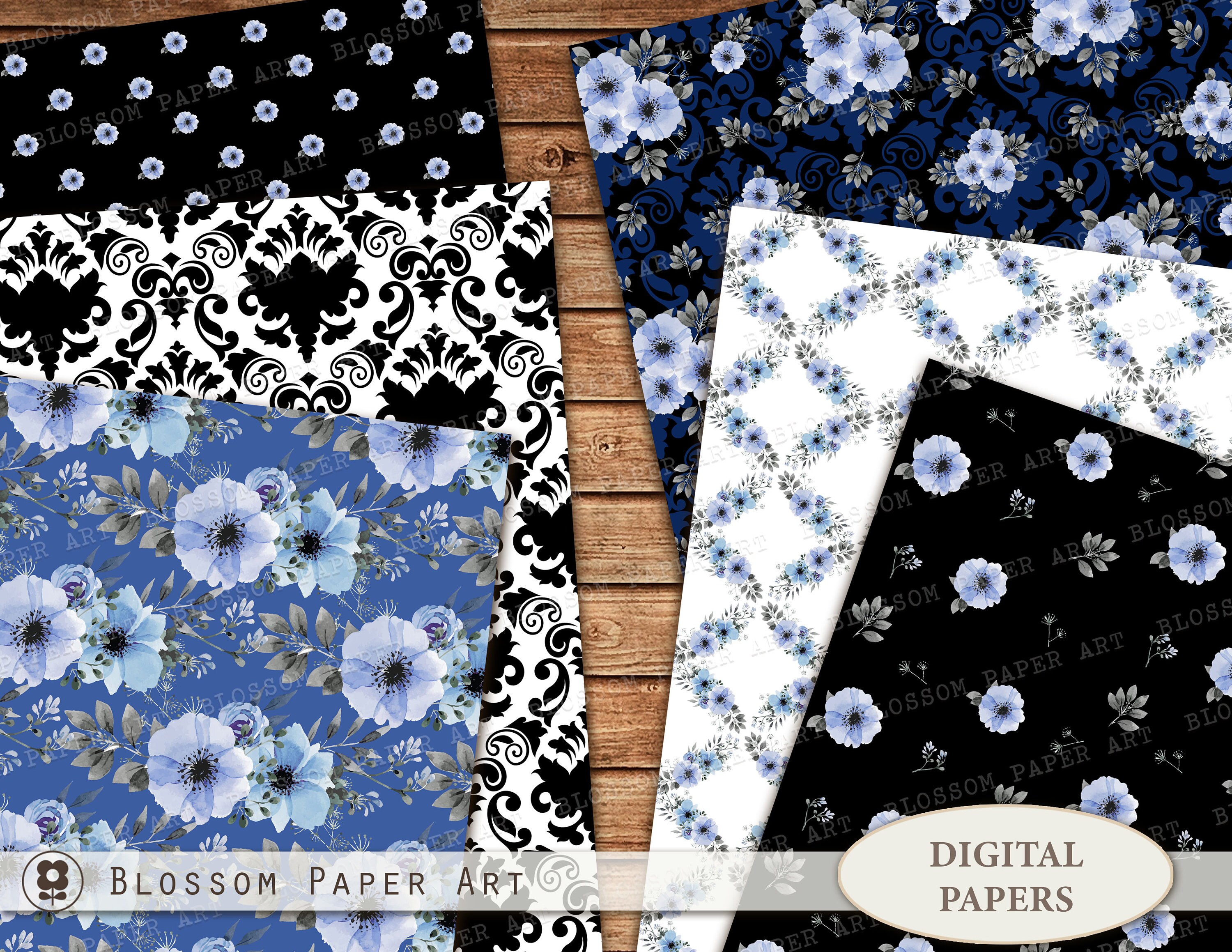 Black and Blue Digital Paper Floral Digital Paper Pack | Etsy
