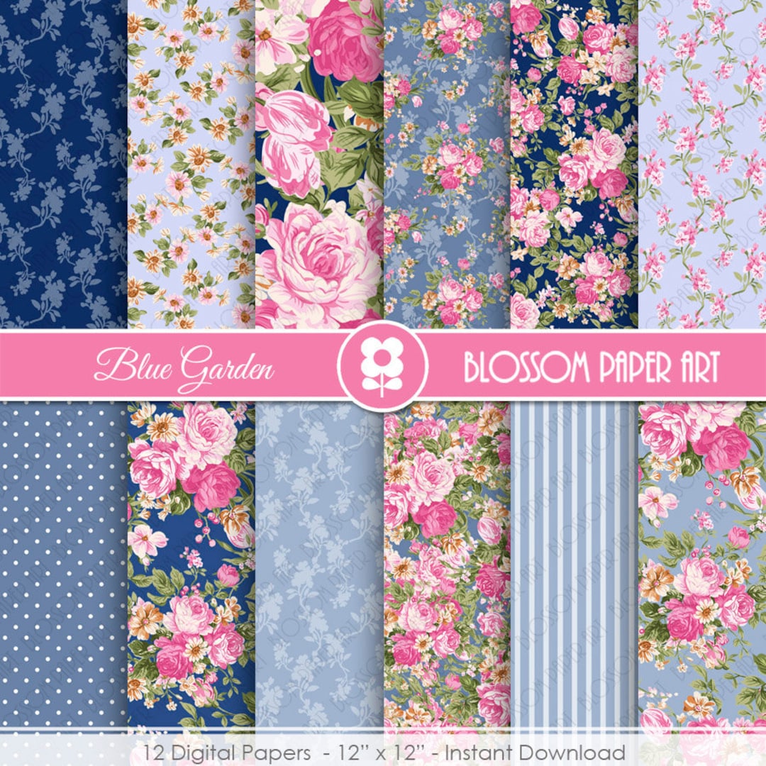 Blue Floral Digital Paper Pack: Scrapbooking Designs (digital Download ...