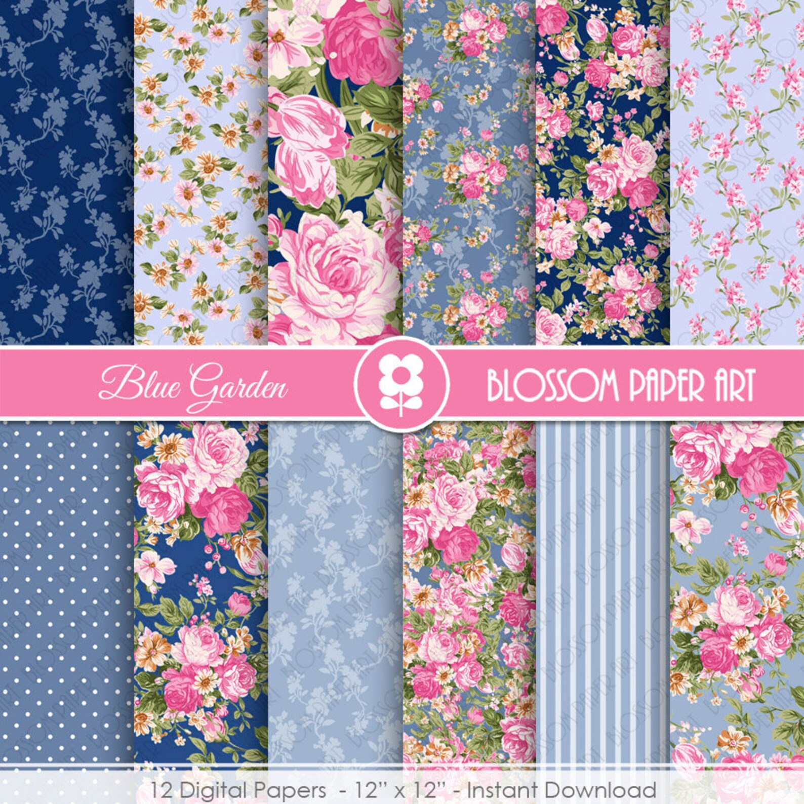Blue Floral Digital Paper Blue Digital Paper Pack Floral - Etsy