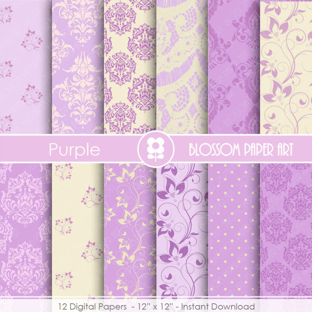 Purple Damask Digital Paper Pack: Floral Wedding Scrapbook (digital ...