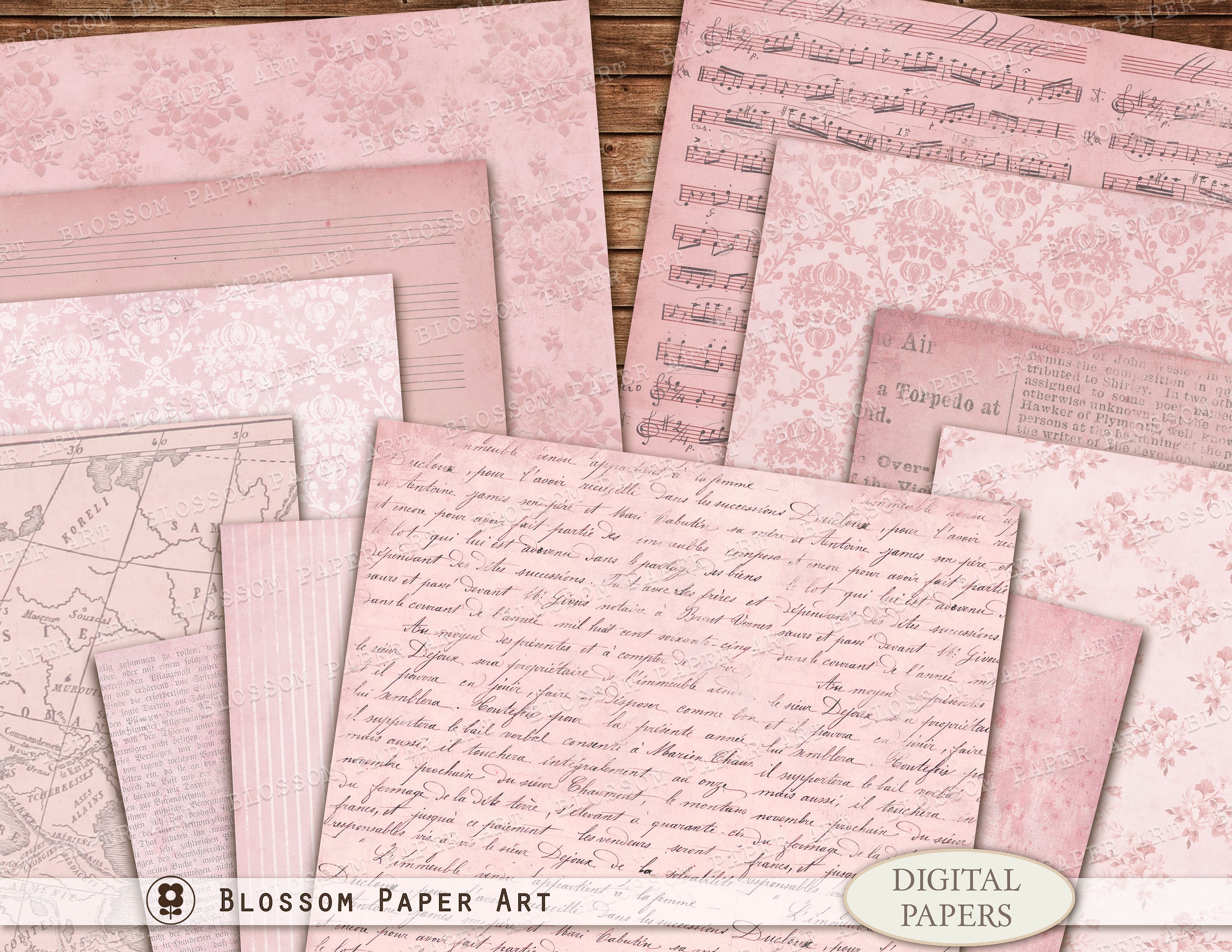 Vintage Pink Digital Paper: Floral Ephemera Textures (digital Download ...