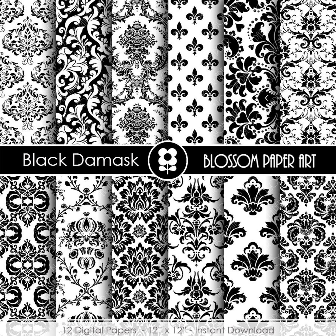 Black Damask Digital Paper Pack: Scrapbooking & Wedding (digital ...