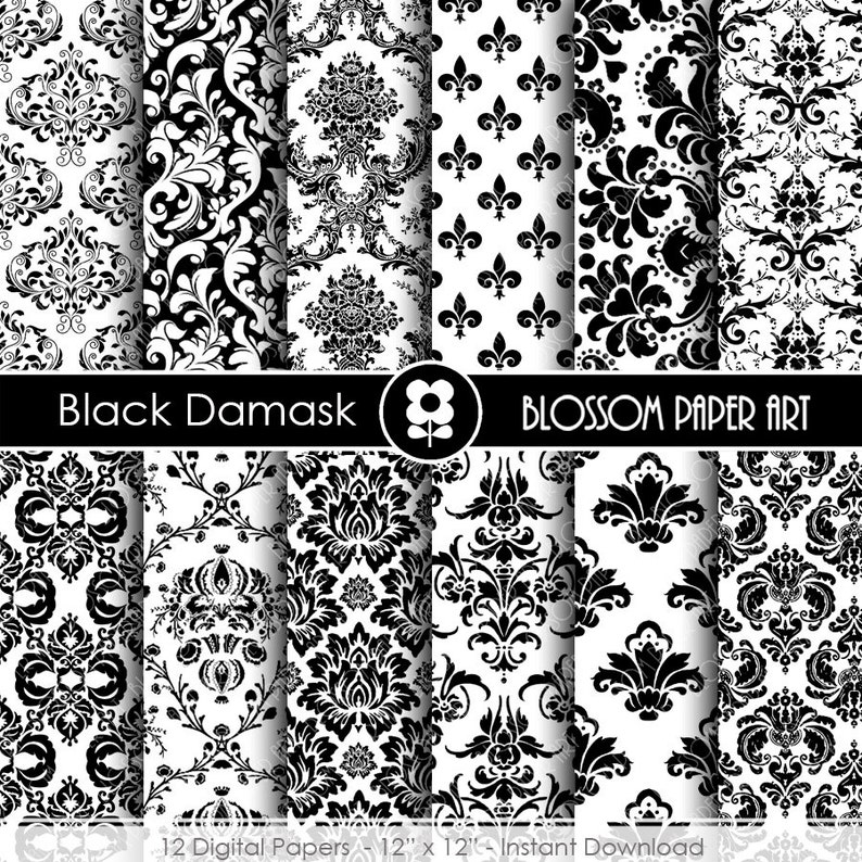 Black Damask Digital Paper Pack: Scrapbooking & Wedding (digital ...