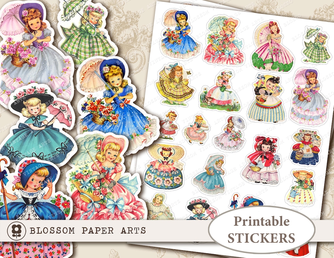 Printable Stickers Princess, Vintage Girl Doll Stickers , Digital ...