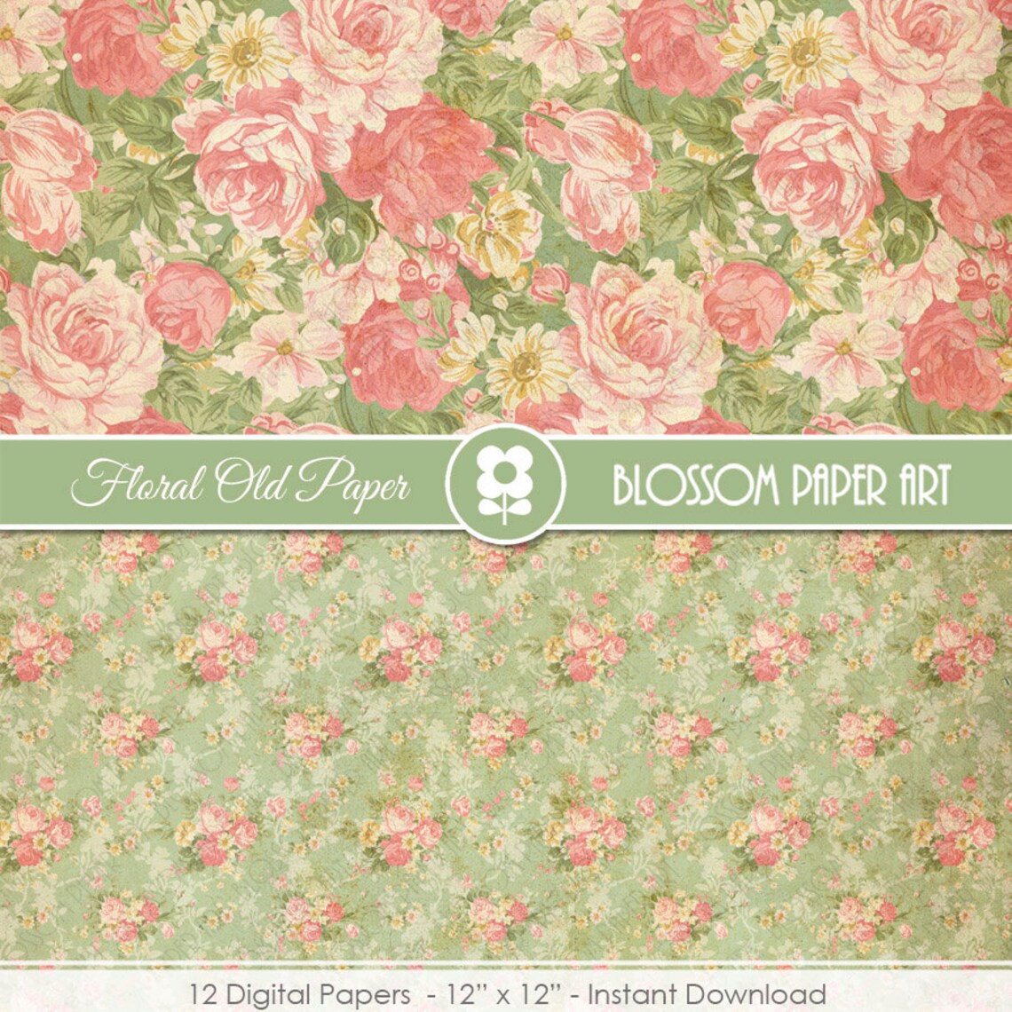 Floral Digital Paper Floral Vintage Digital Paper Pack Green - Etsy