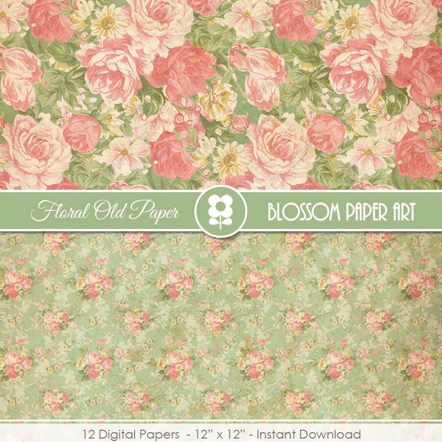 Vintage Floral Digital Paper Pack: Green Roses, Shabby Chic (instant ...