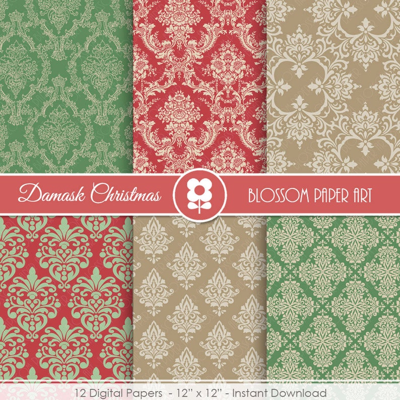 Christmas Damask Digital Paper Pack: Red & Green Scrapbooking (instant ...