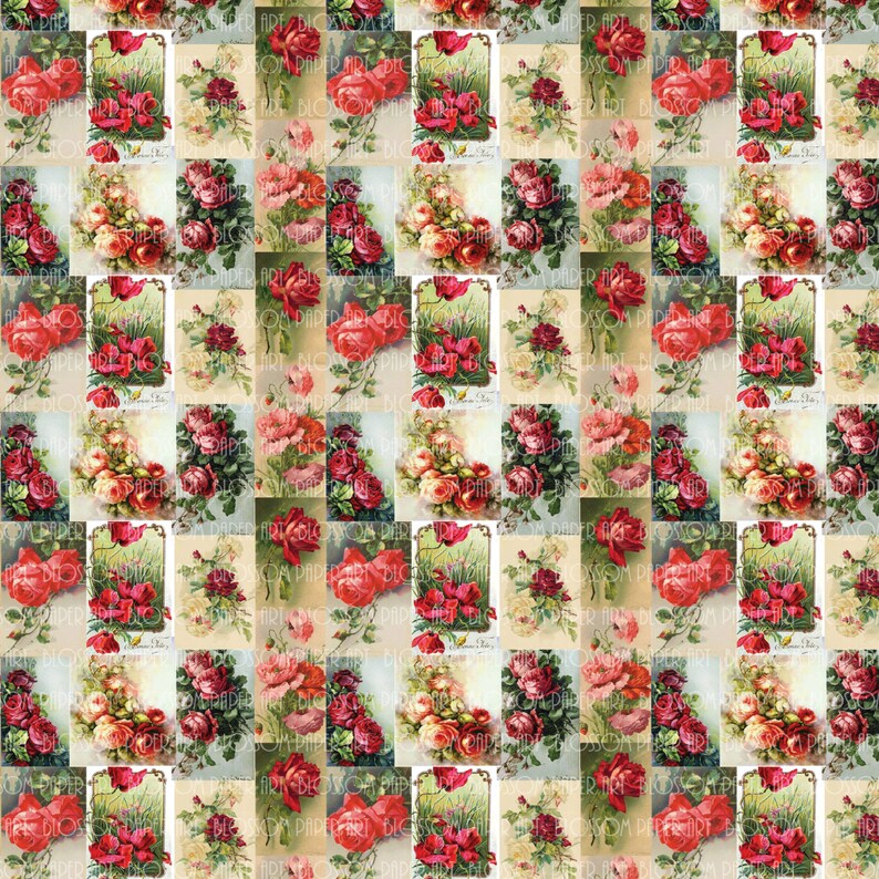 Red Roses Digital Paper Vintage Roses Collage Sheet Antique - Etsy