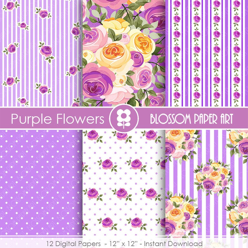 Digital Paper Purple Flowers Digital Paper Pack Scrapbooking | Etsy