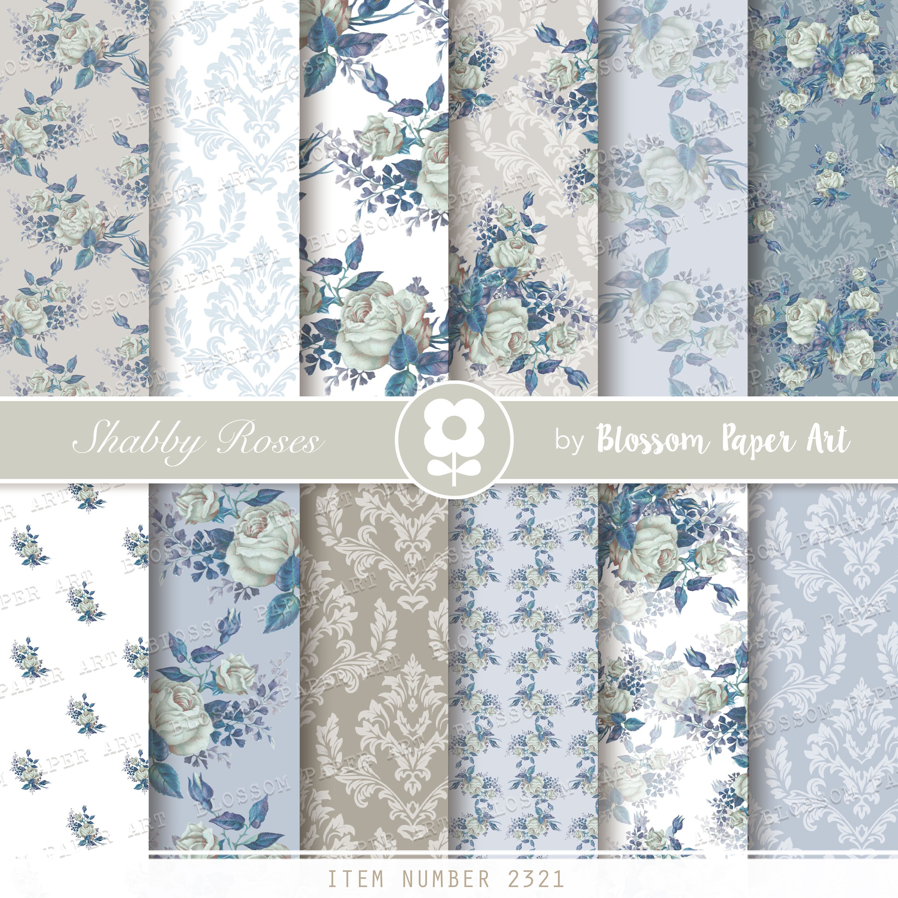 Blue Floral Digital Papers Shabby Chic Wedding Scrapbook - Etsy