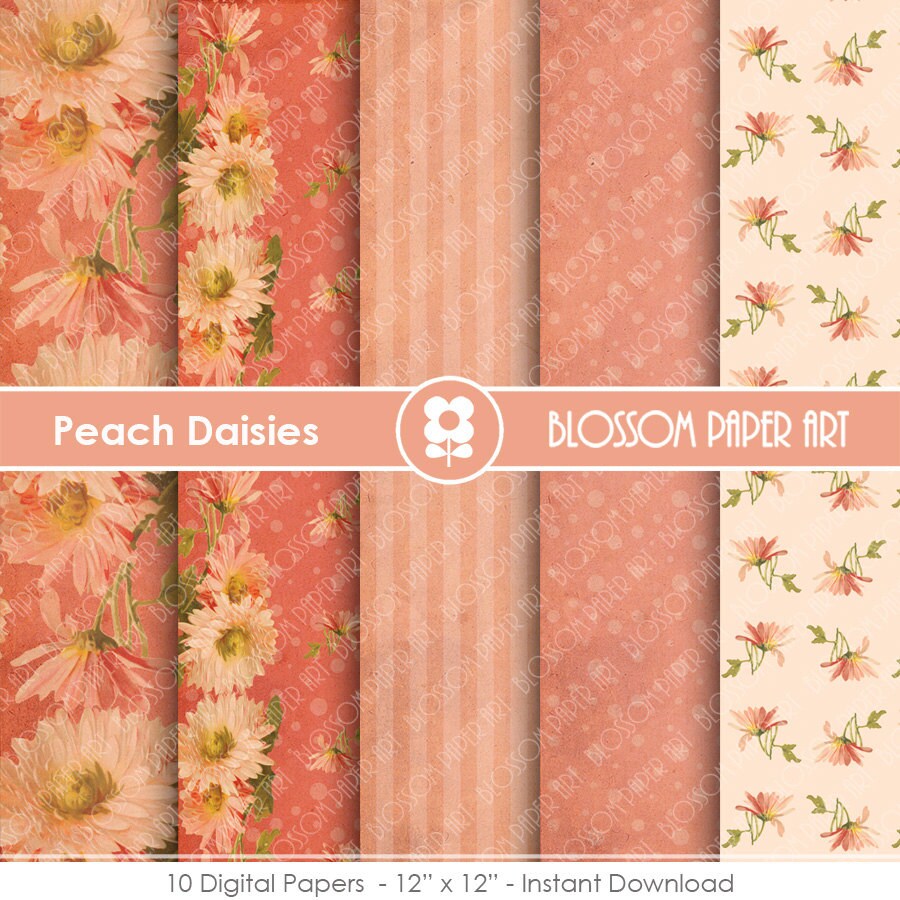 Digital Paper Peach Digital Paper Pack Daisies Floral | Etsy