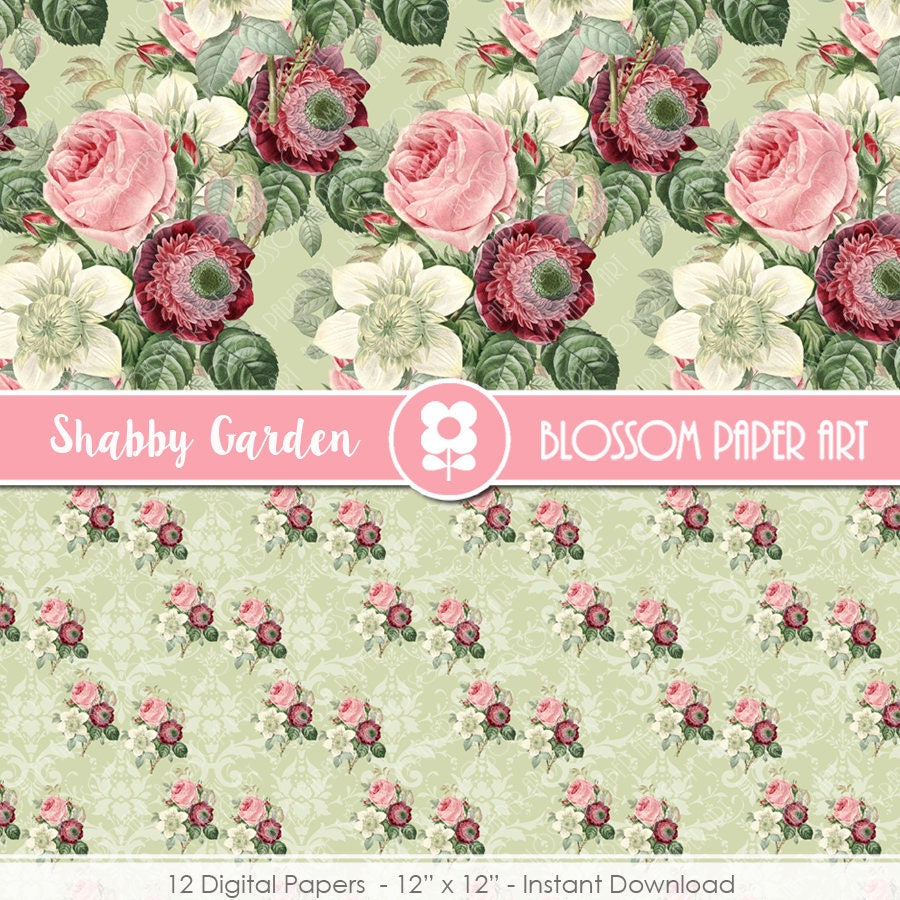 Green Rose Digital Paper Floral Digital Paper Pack Vintage - Etsy