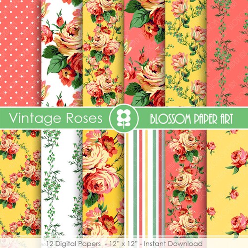 Yellow Digital Paper Rose Digital Paper Pack Floral - Etsy