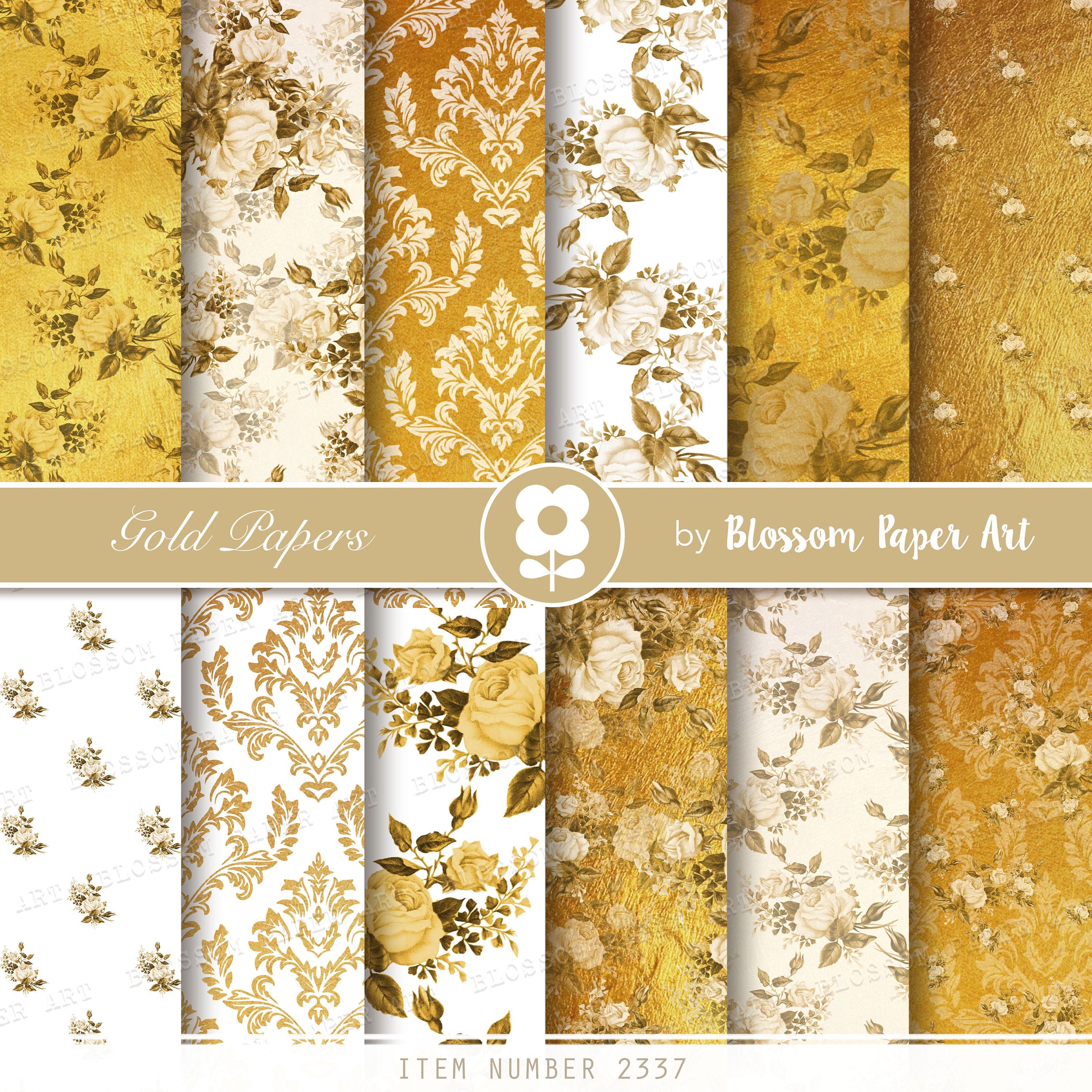 Gold Digital Paper Gold Floral Collage Sheet Roses Digital | Etsy