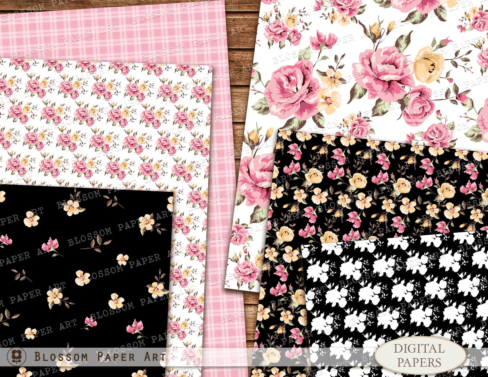 Black Floral Digital Paper Scrapbook Paper Pack Pink Roses - Etsy