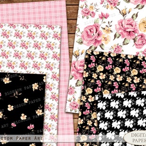 Black Floral Digital Paper, Scrapbook Paper Pack, Pink Roses Collage ...
