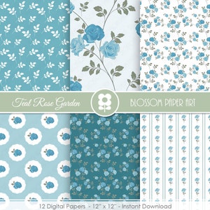 Teal Digital Paper, Floral Digital Papers, Floral Digital Scrapbooking ...
