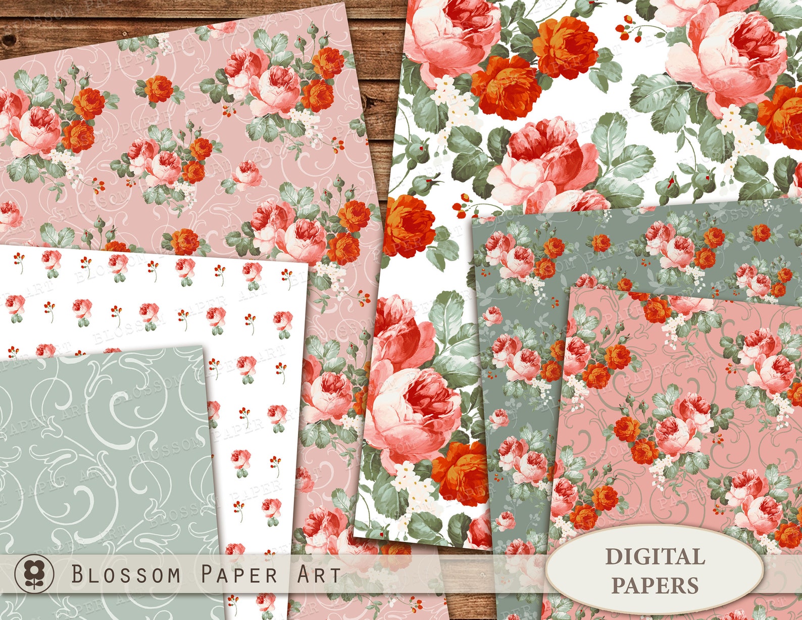 Floral Digital Paper Rose Scrapbook Paper Pack Digital Paper | Etsy