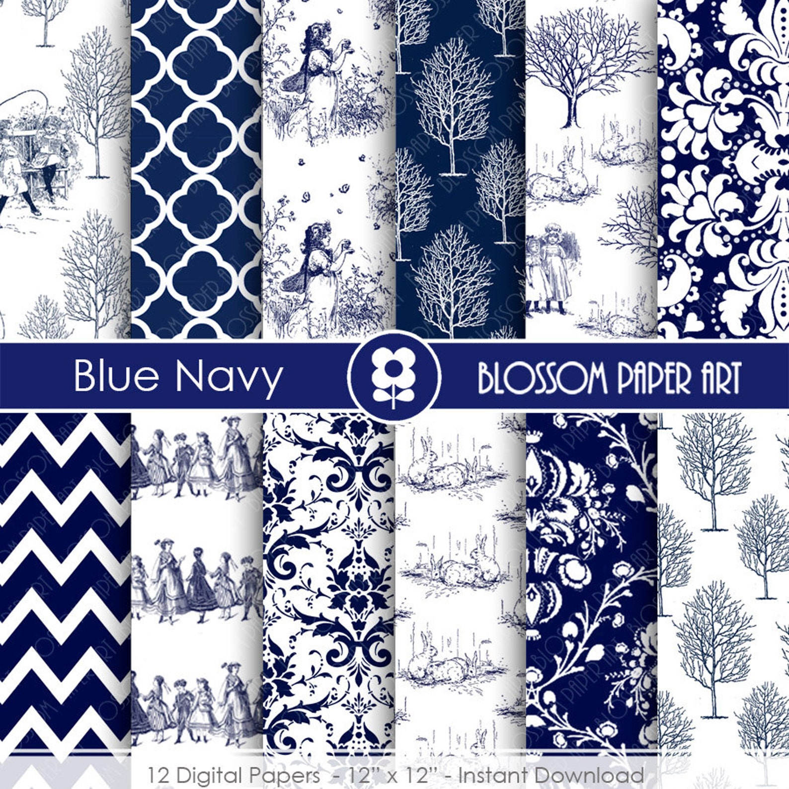 Digital Paper Blue Navy Toile Digital Paper Vintage | Etsy