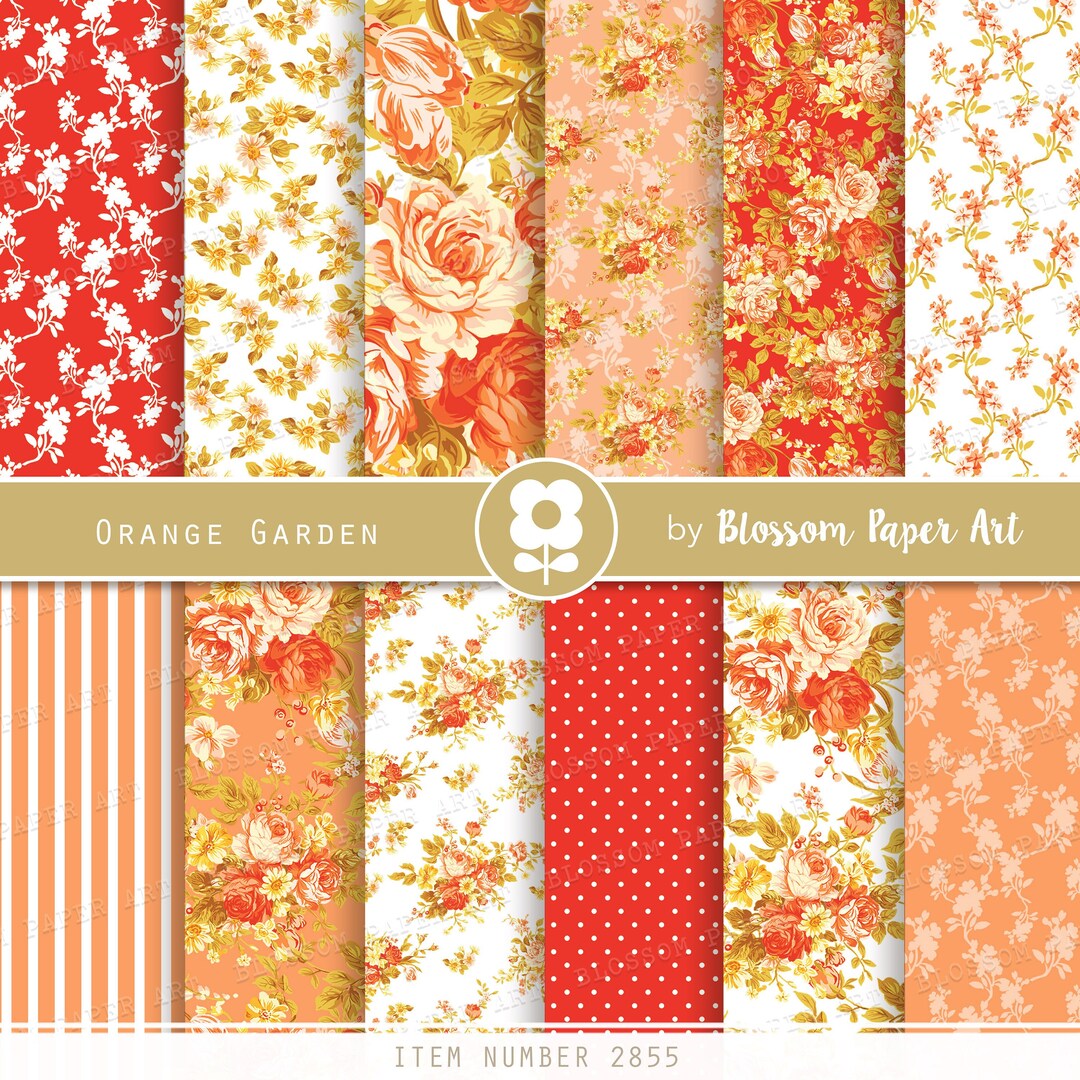 Orange Floral Digital Paper Pack: Rose Scrapbook Paper (instant ...