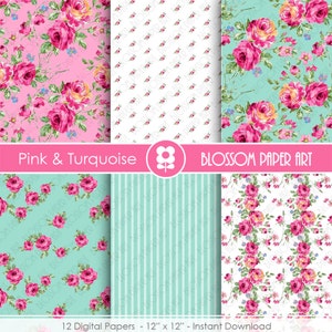 Pink Floral Papers, Light Blue Floral Paper Pack, Digital Scrapbooking ...