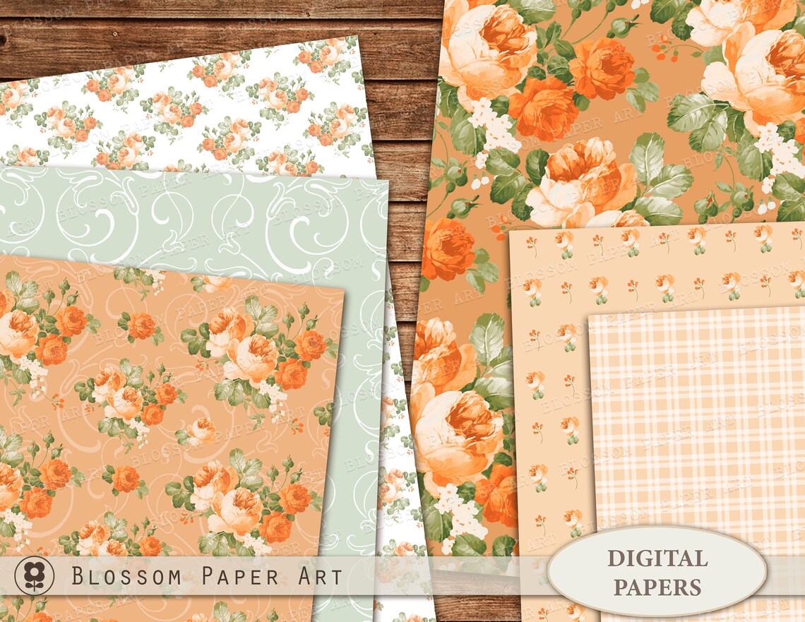 Orange Scrapbook Paper ROSES Digital Paper Digital Paper | Etsy