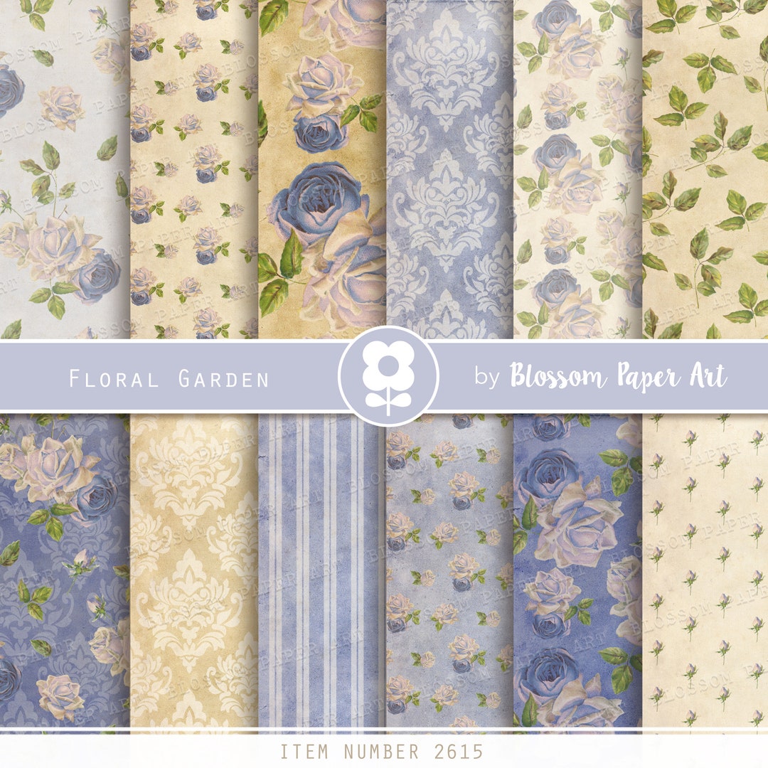 Blue FLORAL Digital Paper, Vintage Floral Shabby Chic Digital Paper ...