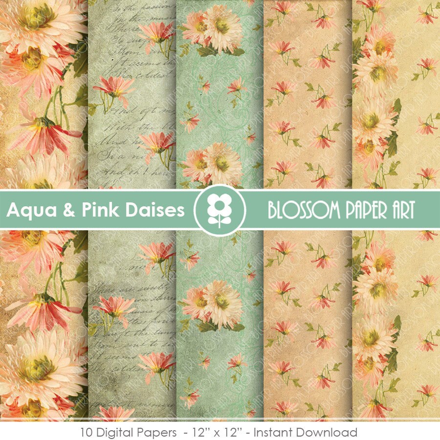 Digital Paper Aqua Floral Digital Paper Pack Daisies Floral | Etsy