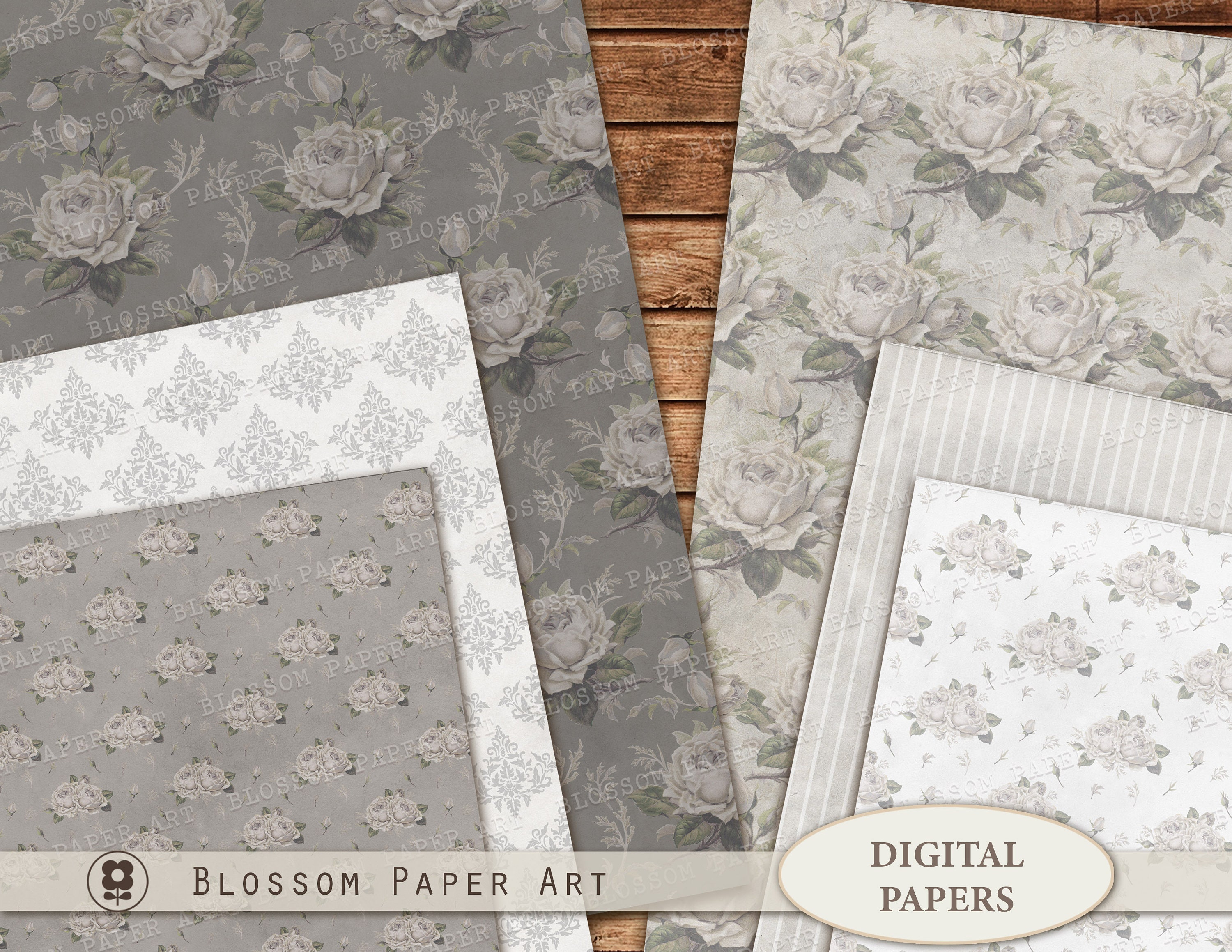 Digital Paper Shabby Chic Papers Gray Scrapbook Paper Roses | Etsy