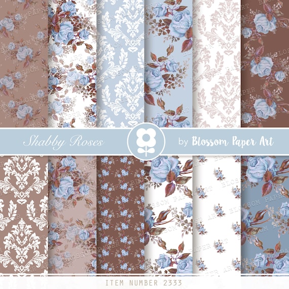 Blue and Brown Digital Paper Rose Digital Paper Pack Floral - Etsy