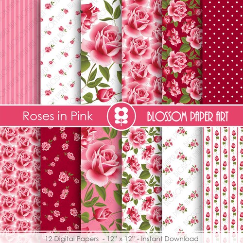 Pink Rose Digital Paper Floral Digital Paper Pack Pink - Etsy