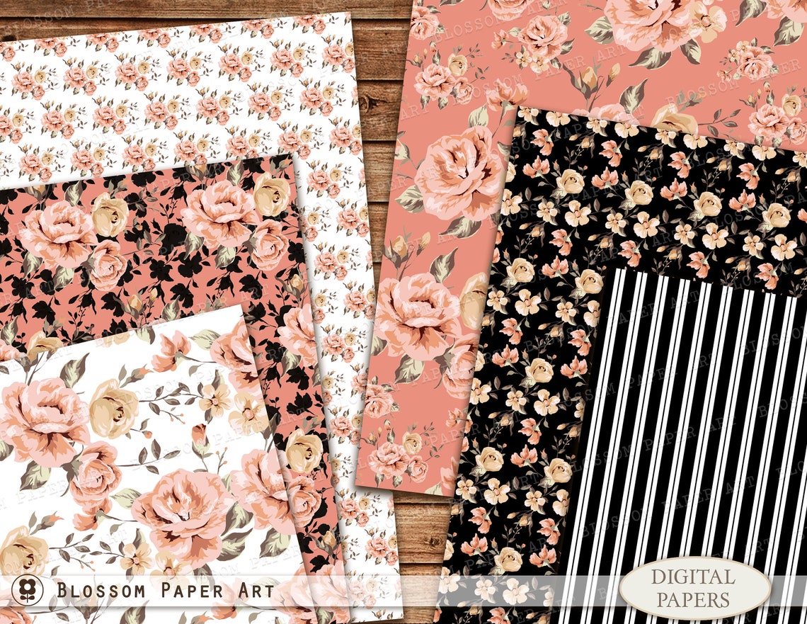 Black Floral Digital Paper Pack: Coral Rose Scrapbook (digital Download ...
