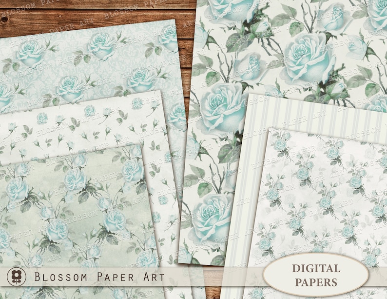 Mint Green Roses Digital Paper: Shabby Chic Scrapbook Paper (instant ...