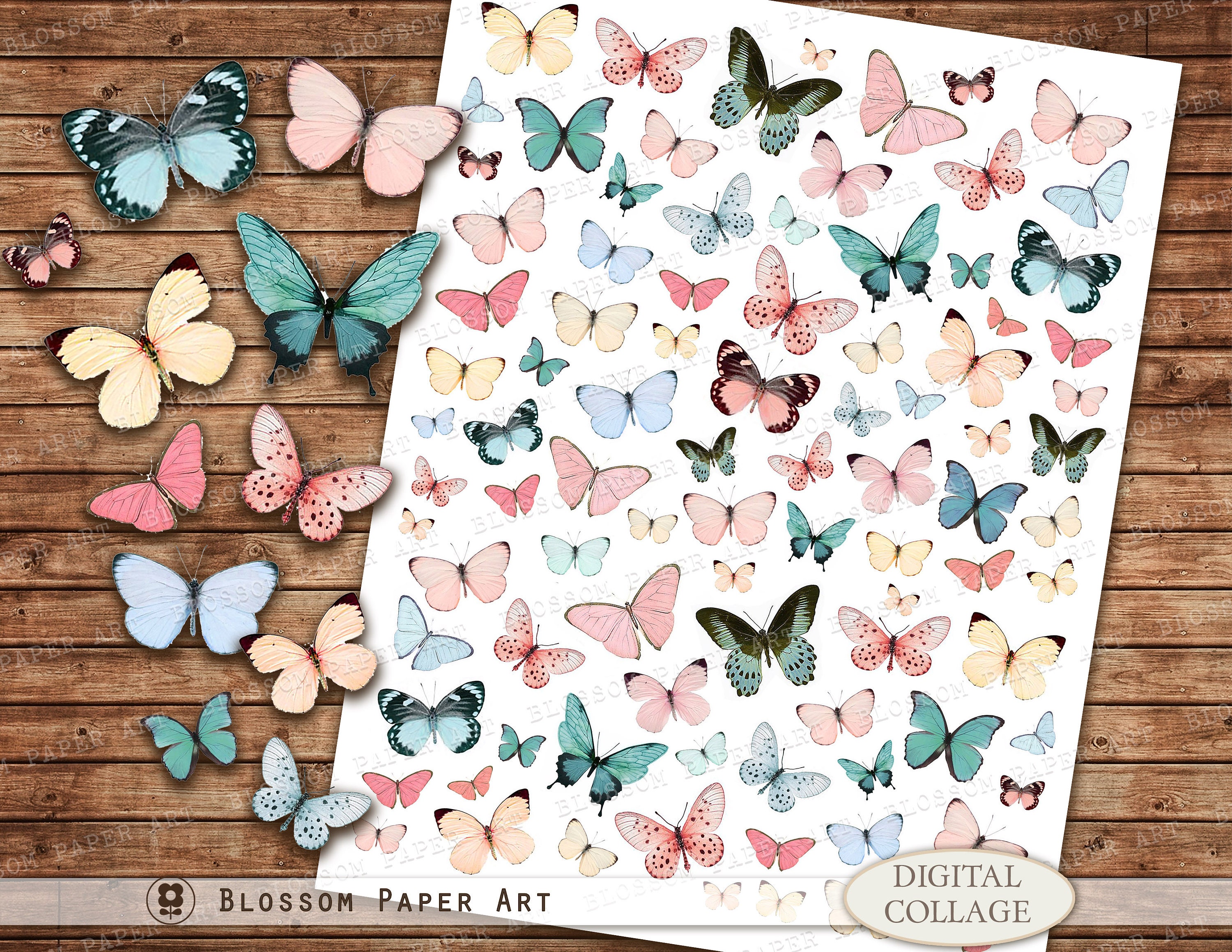 Butterfly Digital Collage Sheet: Pink & Blue Printables (digital ...