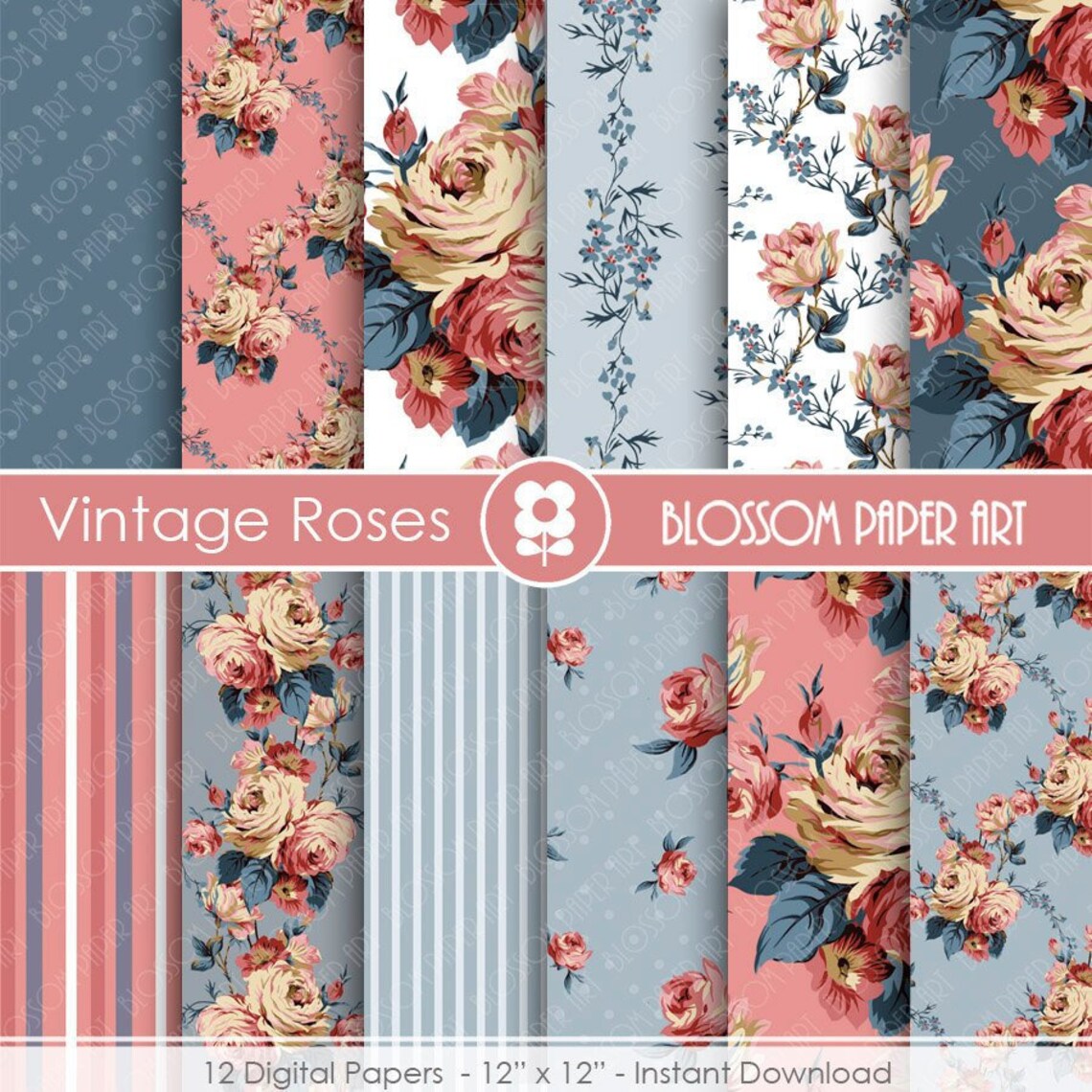 Rose Digital Paper Pink Blue Floral Digital Paper Pack Pink - Etsy