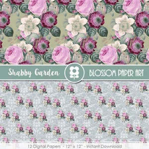 Teal Rose Digital Paper, Purple Rose Digital Paper Pack, Blue Floral ...