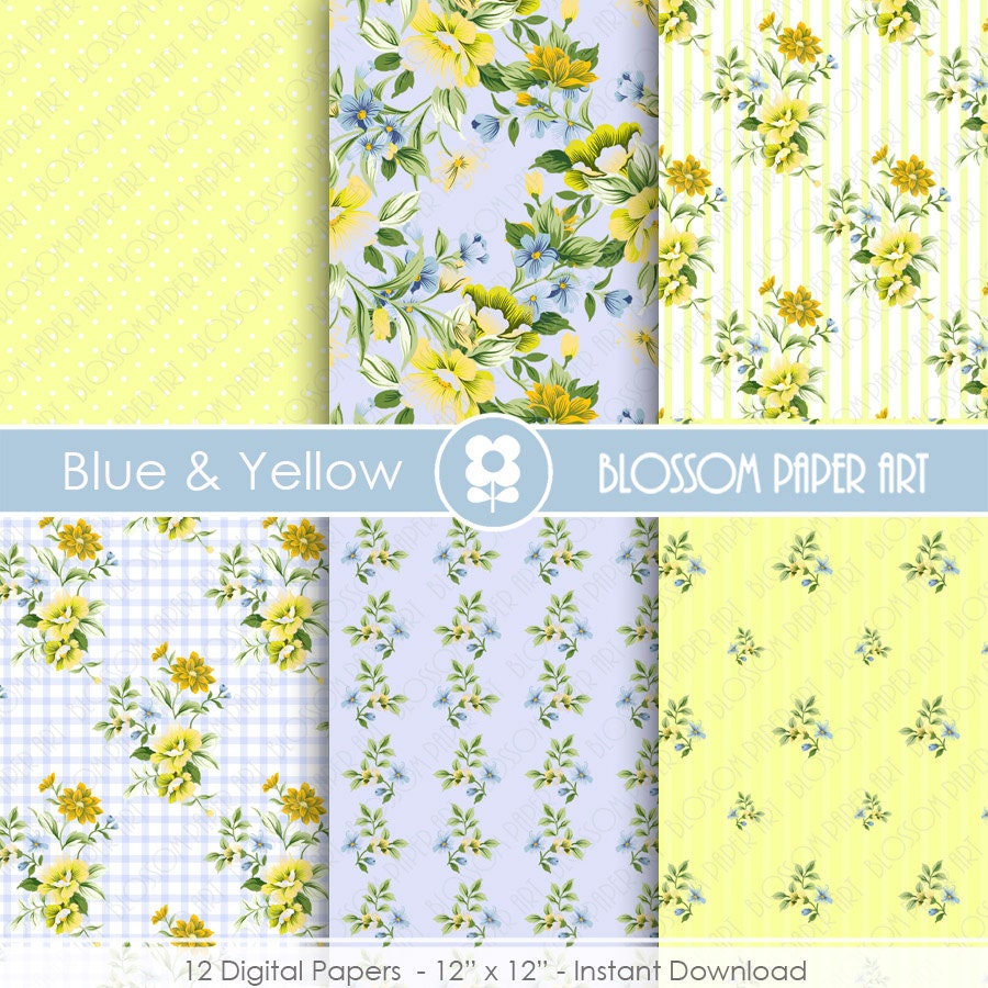 Floral Digital Paper Floral Digital Paper Pack Yellow Blue - Etsy