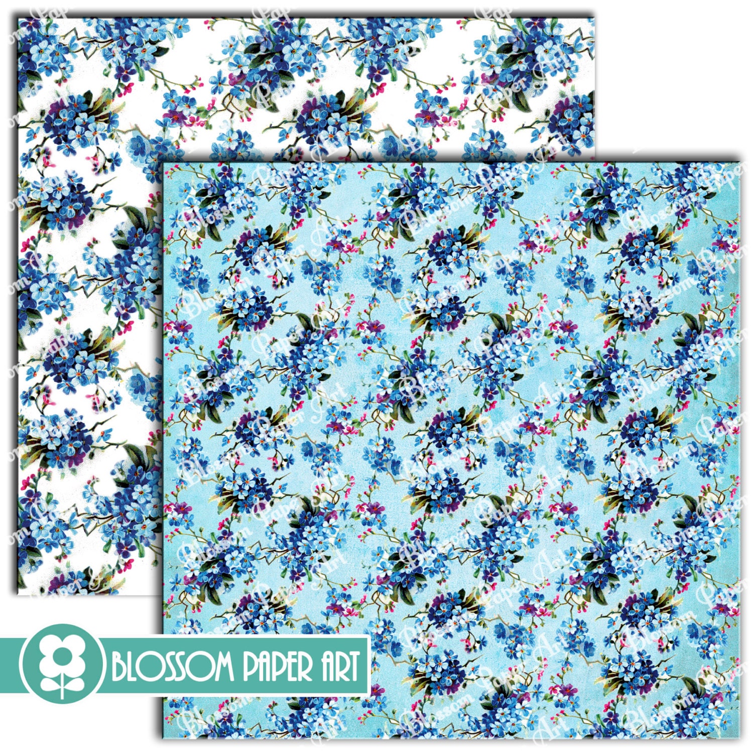 Digital Paper Blue Flowers Digital Paper Pack Digital | Etsy