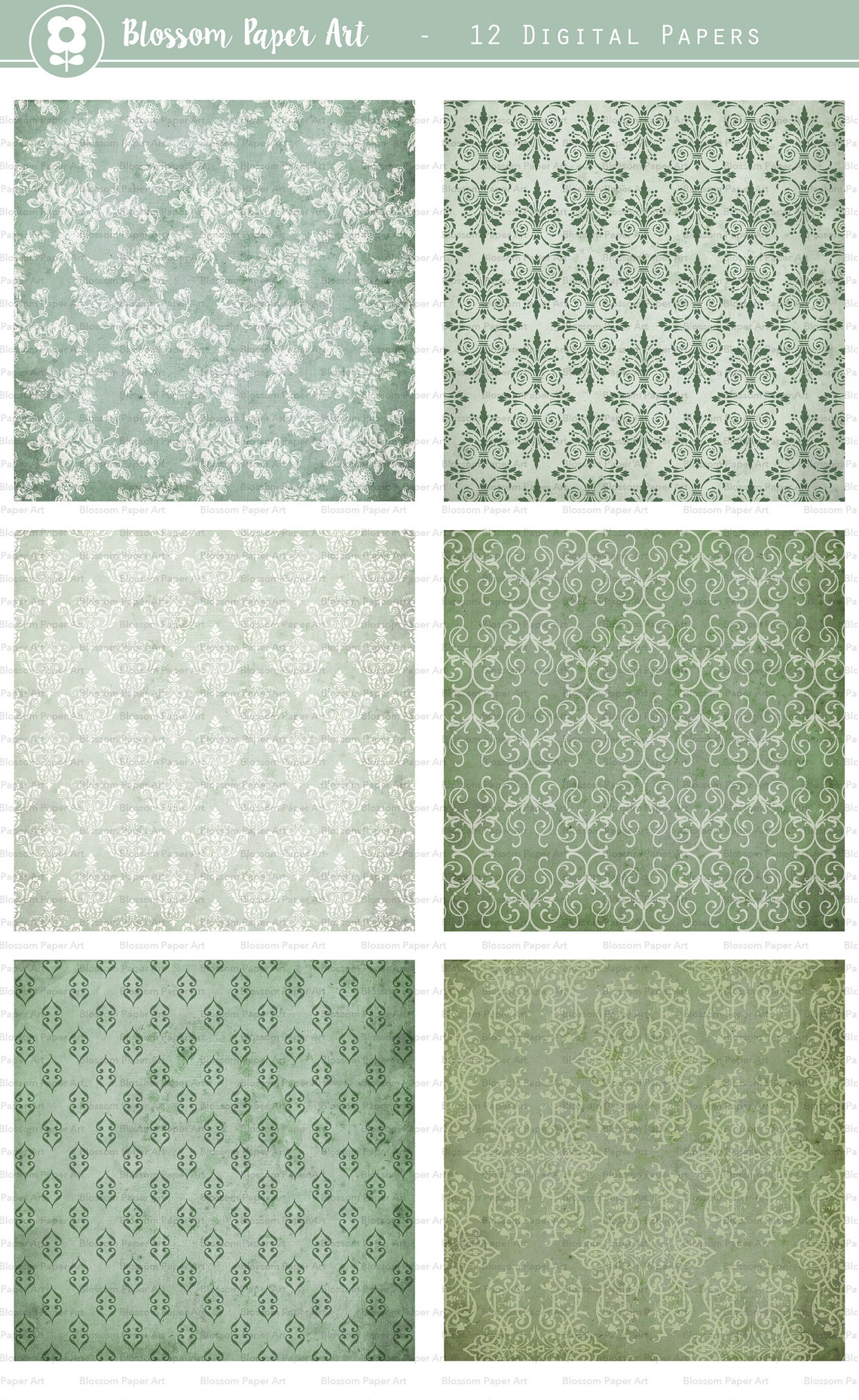 Damask Digital Paper Green Vintage Digital Paper Pack - Etsy