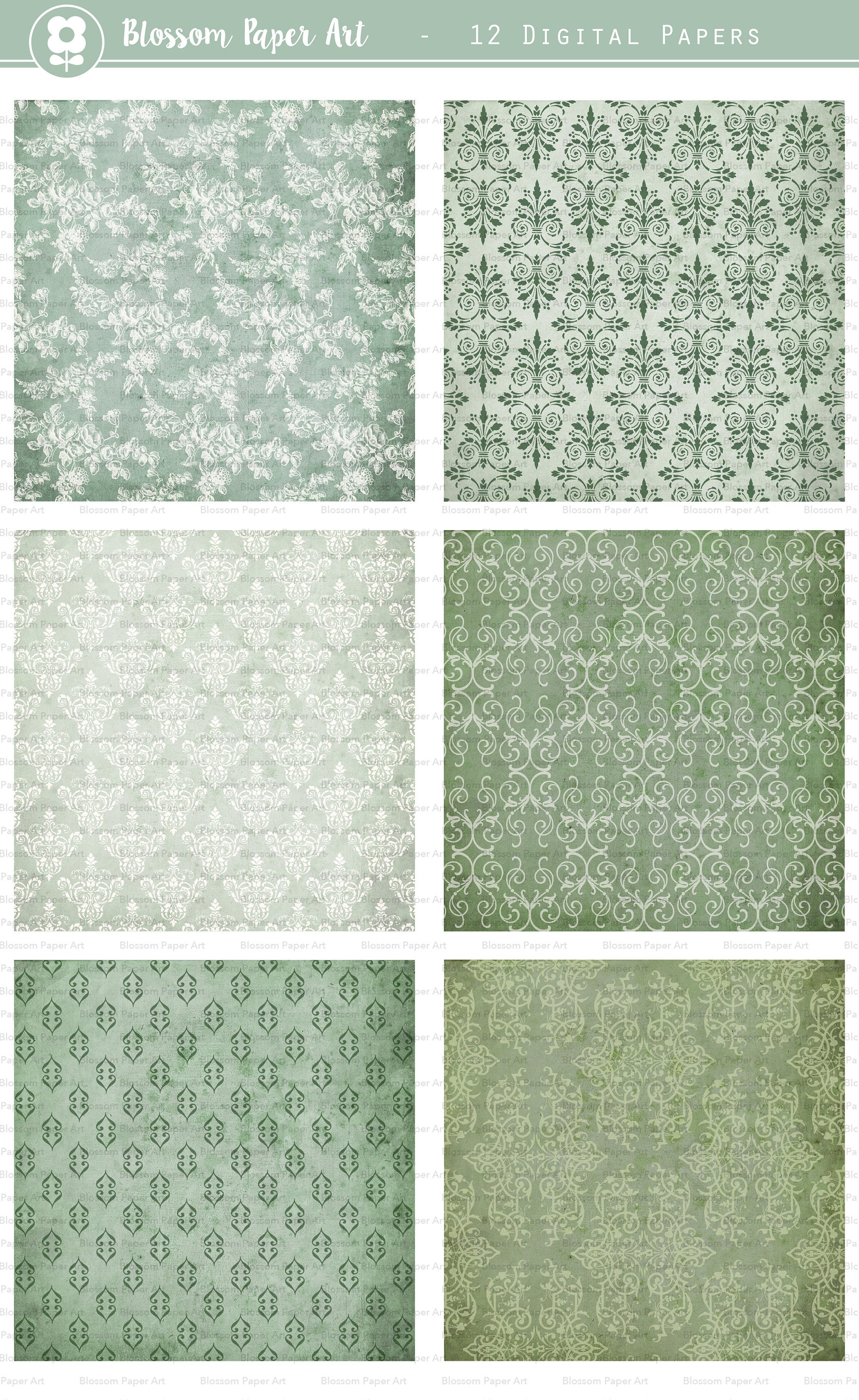 Damask Digital Paper Green Vintage Digital Paper Pack - Etsy