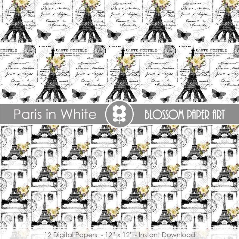 Paris Eiffel Tower Digital Paper Pack: Vintage Floral Scrapbooking ...