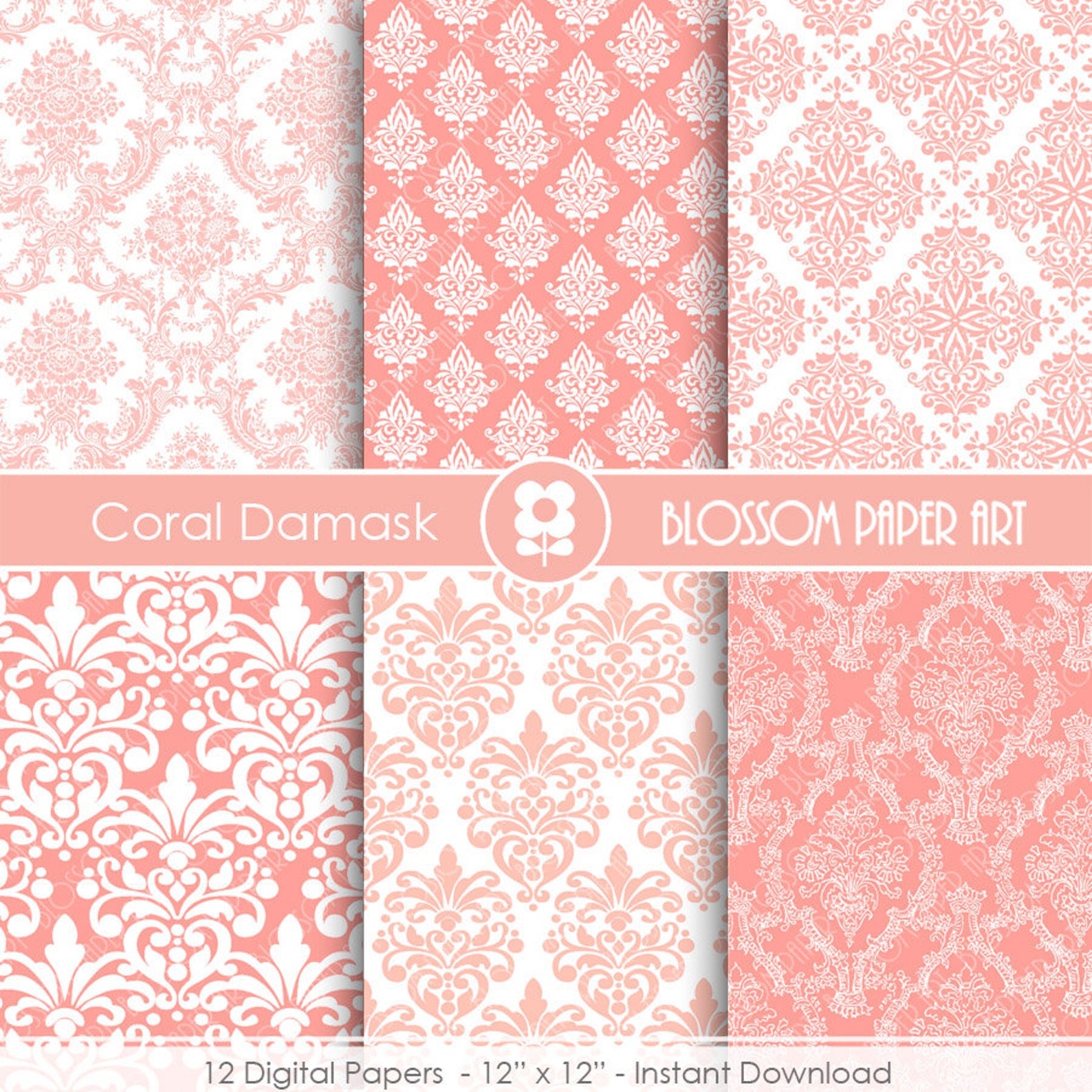 Coral Damask Digital Paper Coral Digital Paper Pack - Etsy