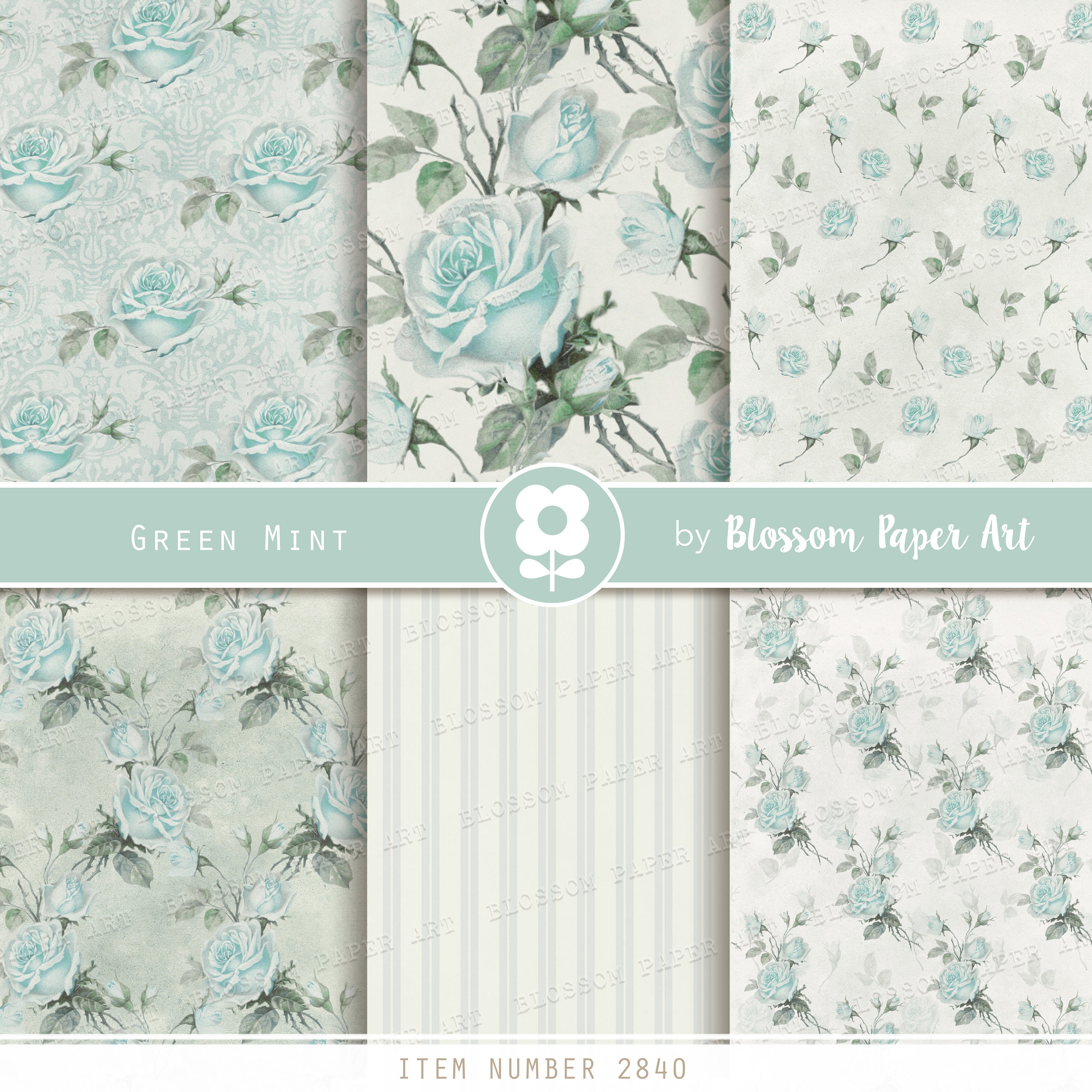 Mint Green Roses Digital Paper: Shabby Chic Scrapbook Paper (instant ...