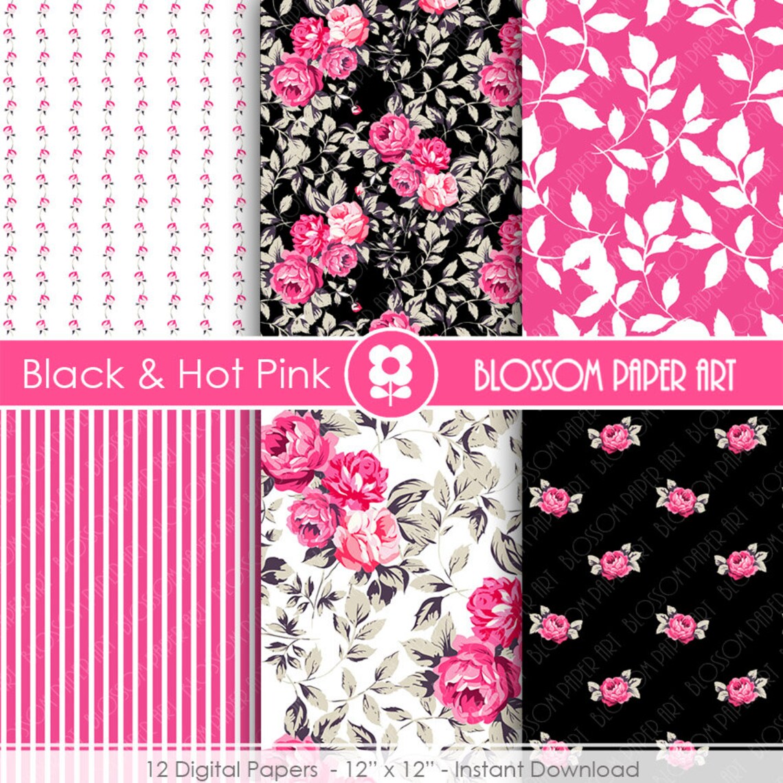 Hot Pink and Black Paper Pack Digital Papers Scrapbooking - Etsy