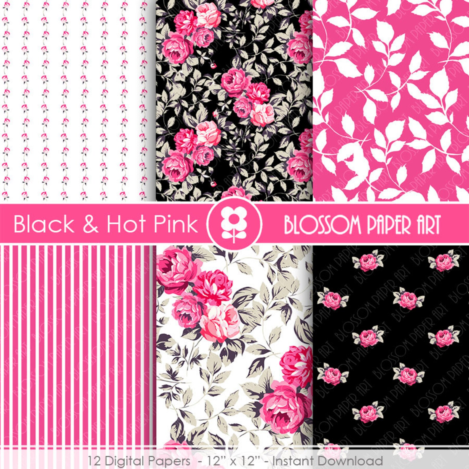 Hot Pink and Black Paper Pack Digital Papers Scrapbooking - Etsy