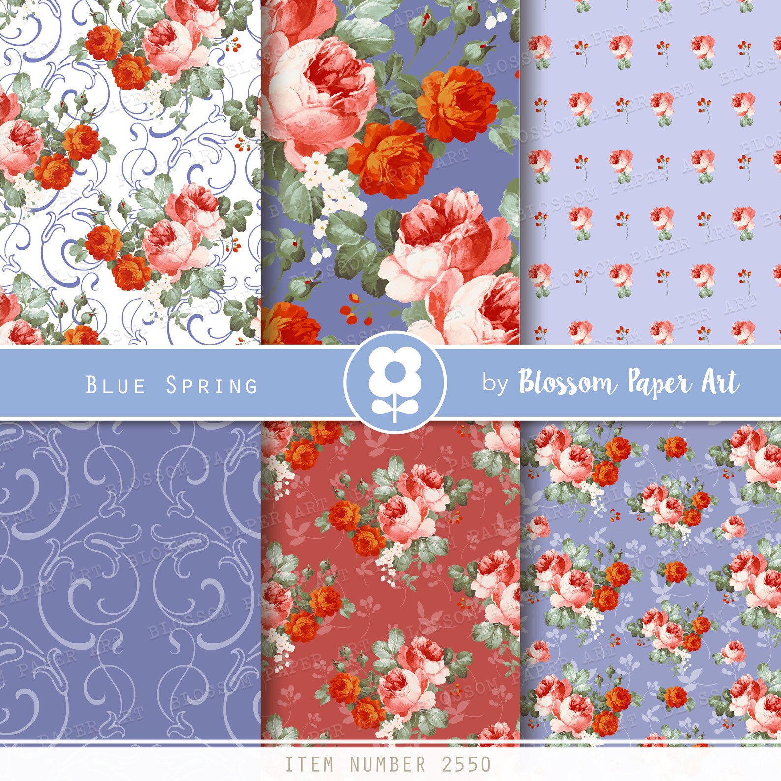 Blue Digital Paper Scrapbook Paper Floral Digital Papers - Etsy