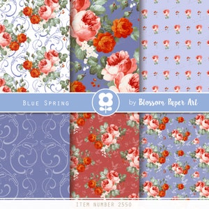 Blue Digital Paper, Scrapbook Paper, Floral Digital Papers ...