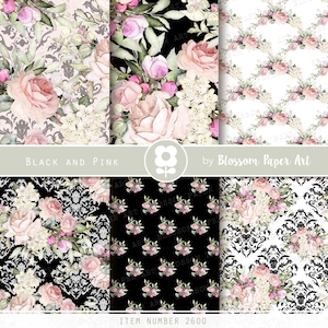 Floral Pink and Black Digital Paper Pack: Scrapbooking (instant ...